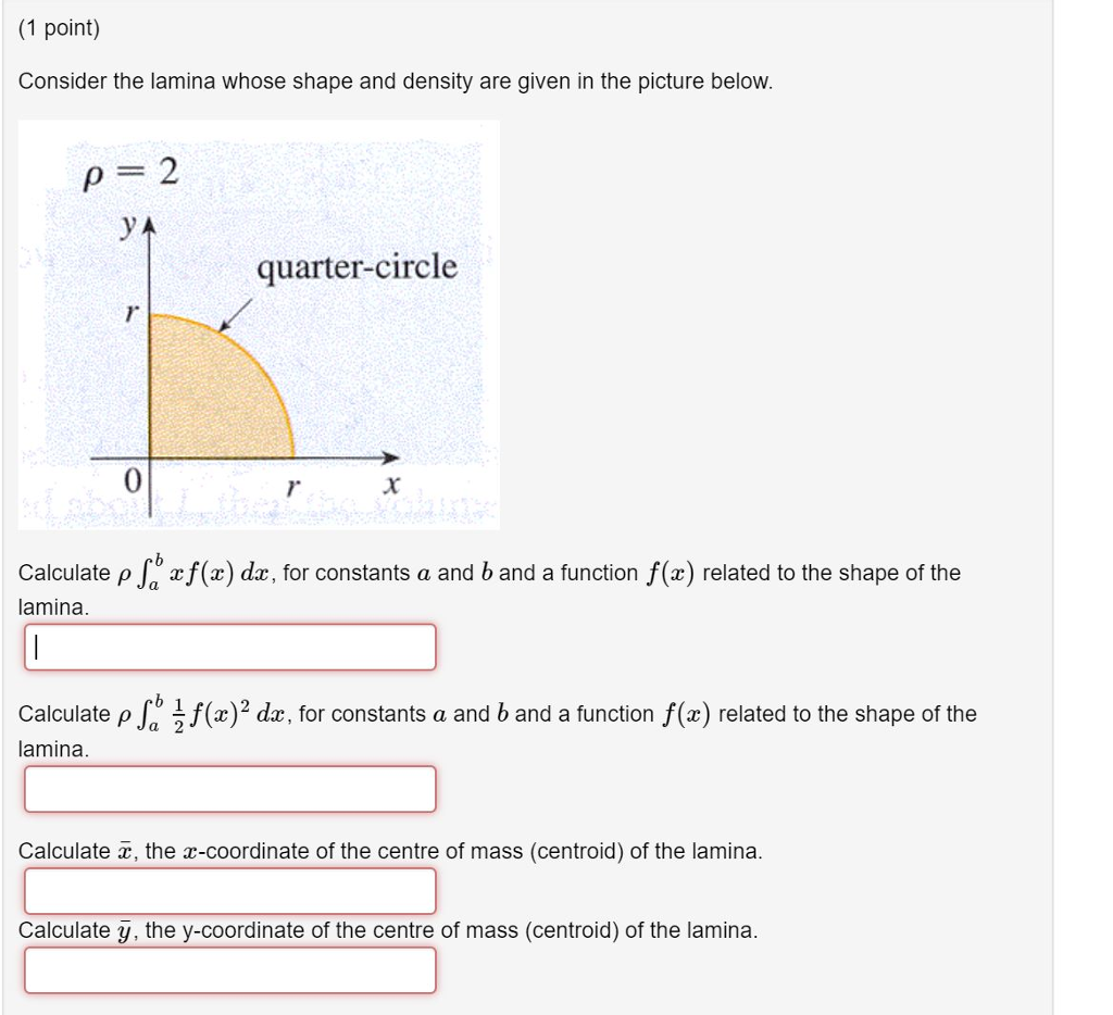 Solved (1 point) Consider the lamina whose shape and density | Chegg.com