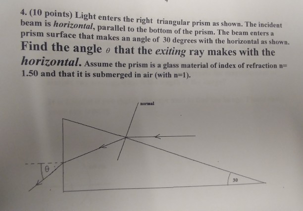 Solved 4. (10 points) Light enters the right triangular | Chegg.com