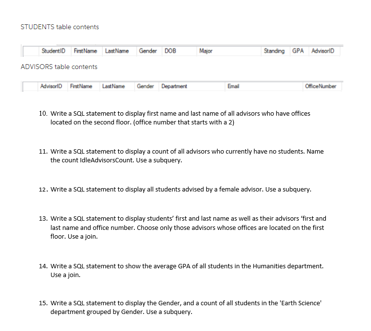 Solved STUDENTS table contents StudentID FirstName LastName | Chegg.com