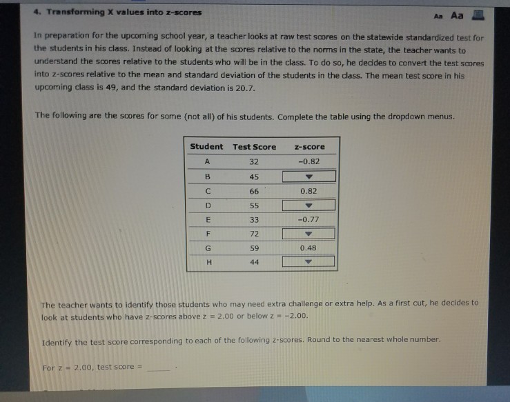 Solved 4. Transforming X values into z-scores Aa Aa In | Chegg.com
