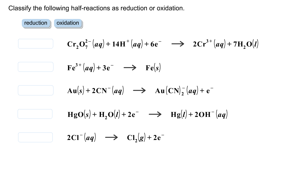 Solved Classify the following half-reactions as reduction or | Chegg.com Solved Classify the following half-reactions as reduction or | Chegg.com