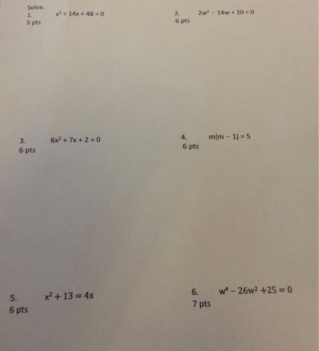 Solved Solve x^2 + 14 x + 48 = 0 2 w^2 - 14 w + 20 = 0 | Chegg.com
