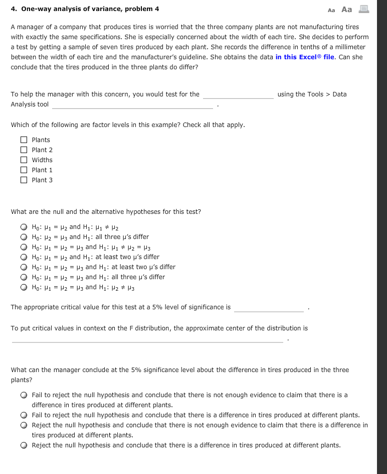 Solved 4. One-way analysis of variance, problem 4 Aa Aa A | Chegg.com