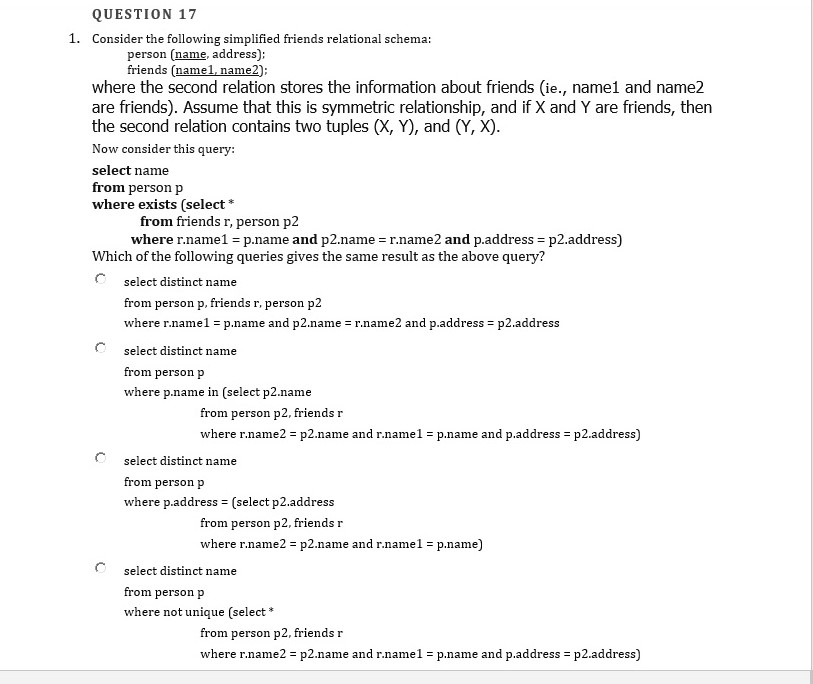 Solved QUESTION 17 Consider the following simplified friends | Chegg.com