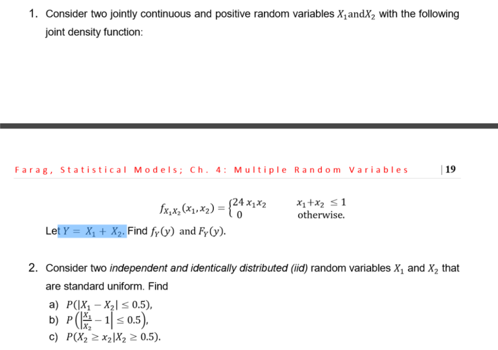 1. Consider two jointly continuous and positive | Chegg.com