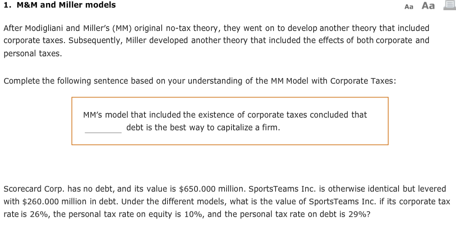 1. M&M and Miller models Aa Aa After Modigliani and | Chegg.com