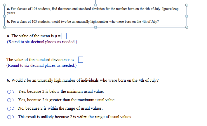 Solved a. For classes of 103 students, find the mean and | Chegg.com