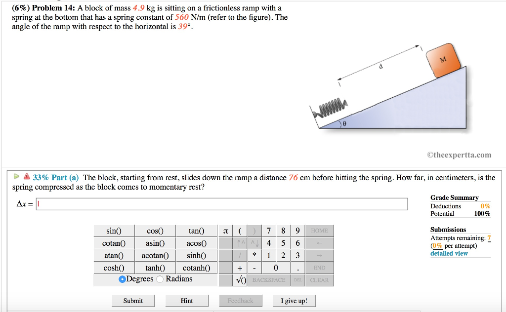 Solved (6%) Problem 14: A block of mass 4.9 kg is sitting on | Chegg.com