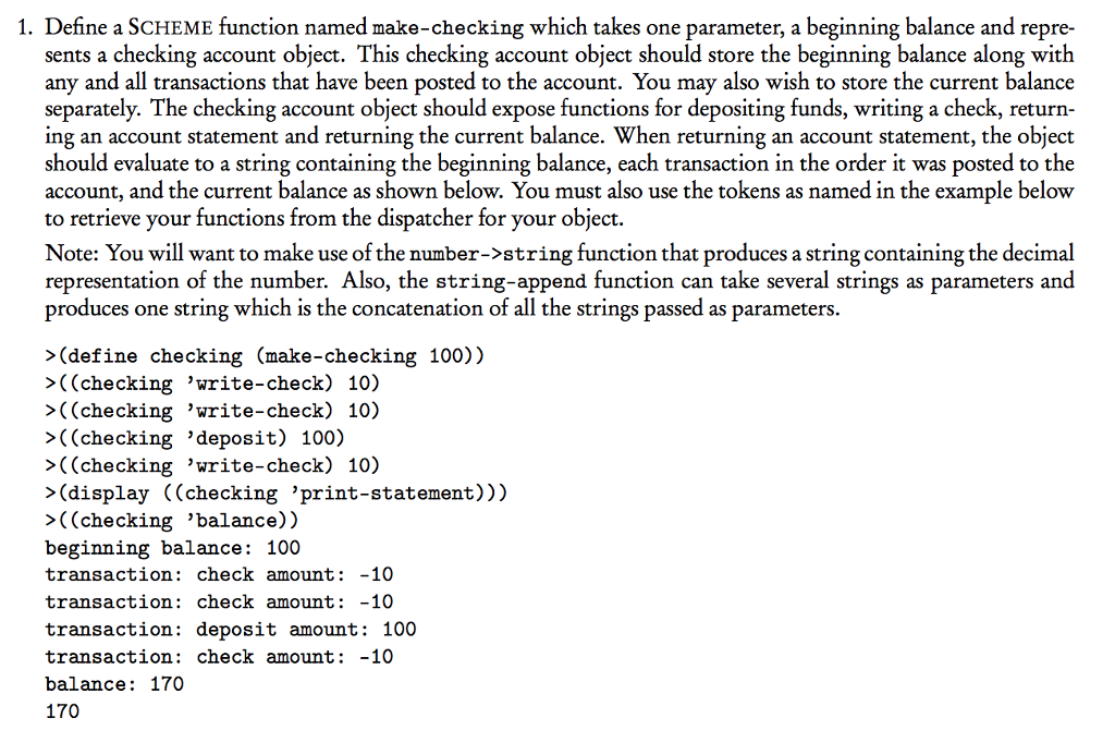 Solved 1. Define a SCHEME function named make-checking which | Chegg.com