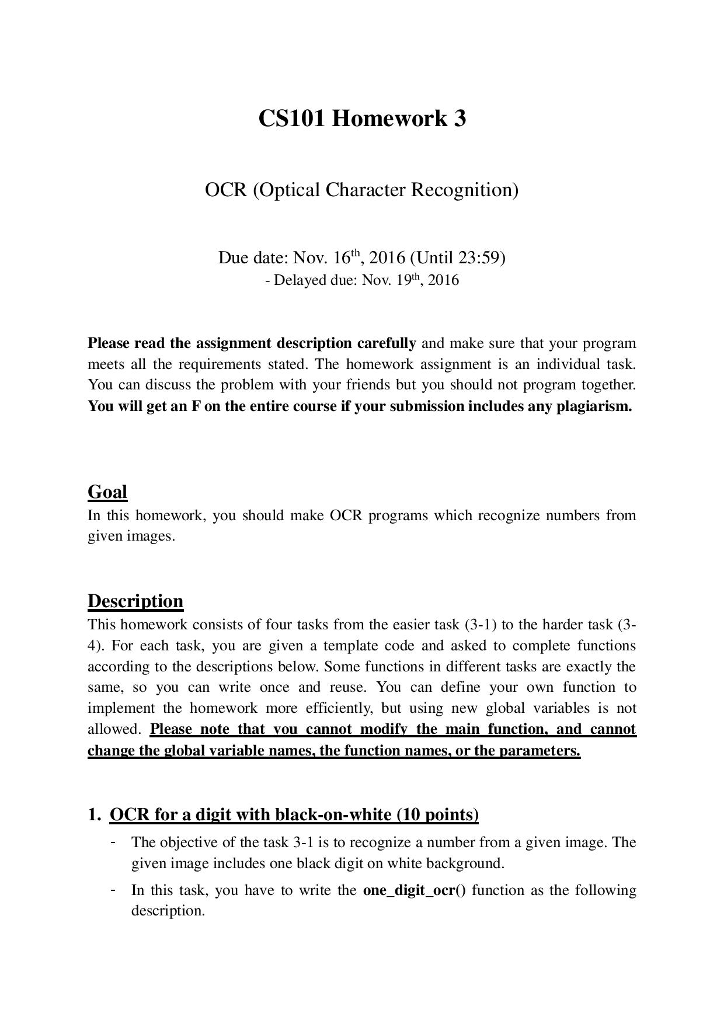 CS101 Homework 3 OCR (Optical Character Recognition) | Chegg.com