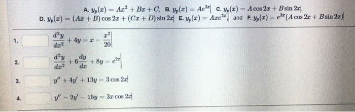 Solved: Y_p(x) = Ax^2 + Bx + C| B. Y_p (x) = Ae^2x| C. Y_p... | Chegg.com