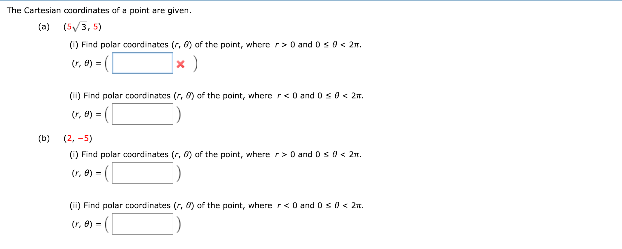 Solved The Cartesian coordinates of a point are given (a) (5 | Chegg.com