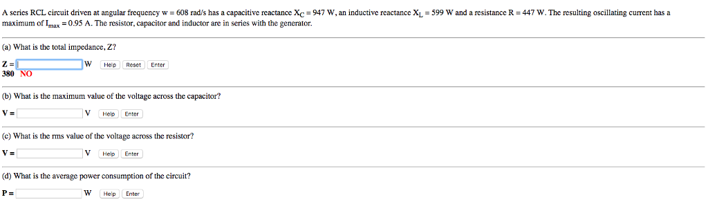 Solved A series RCL circuit driven at angular frequency w = | Chegg.com