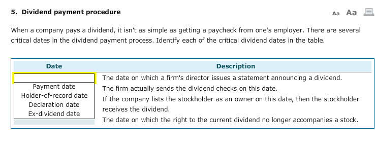 Solved 5. Dividend payment procedure Aa Aa When a company | Chegg.com
