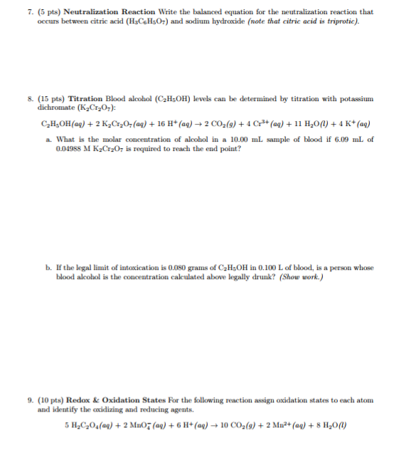 Solved 7. (5 pts) Neutralization Reaction Write the balanced | Chegg.com