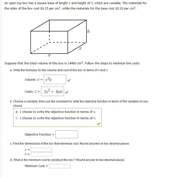 Solved An open top box has a square base of length x and | Chegg.com