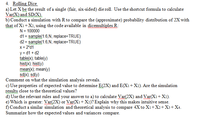 Solved 4. Rolling Dice a) Let Xbe the result of a single | Chegg.com