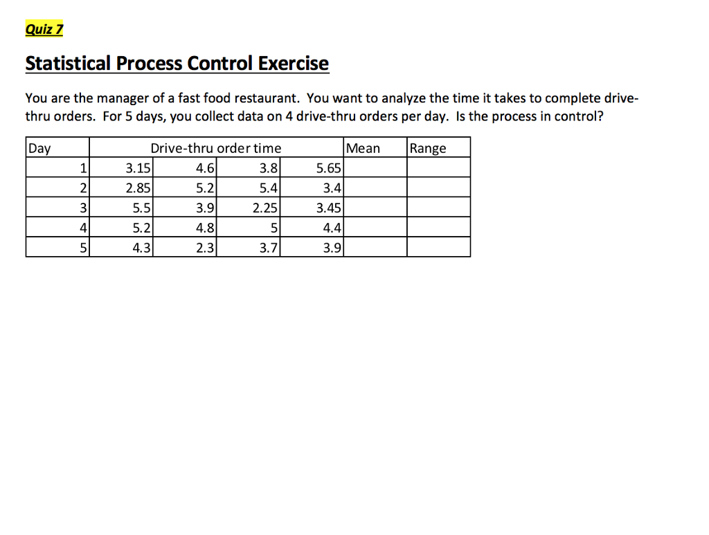 Solved uiz Statistical Process Control Exercise You are the | Chegg.com