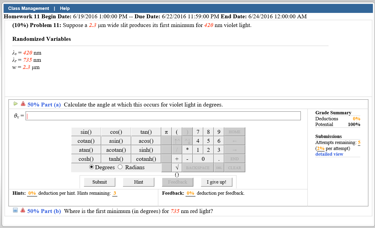 Solved Suppose a 2.3 ?m wide slit produces its first minimum | Chegg.com