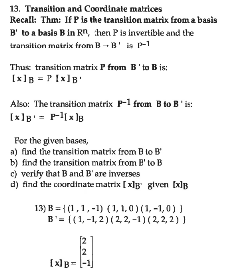 Solved 13. Transition and Coordinate matrices Recall: Thm: | Chegg.com