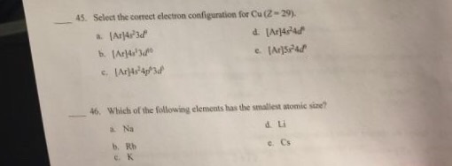 Solved Select the correct electron configuration for Cu (Z - | Chegg.com