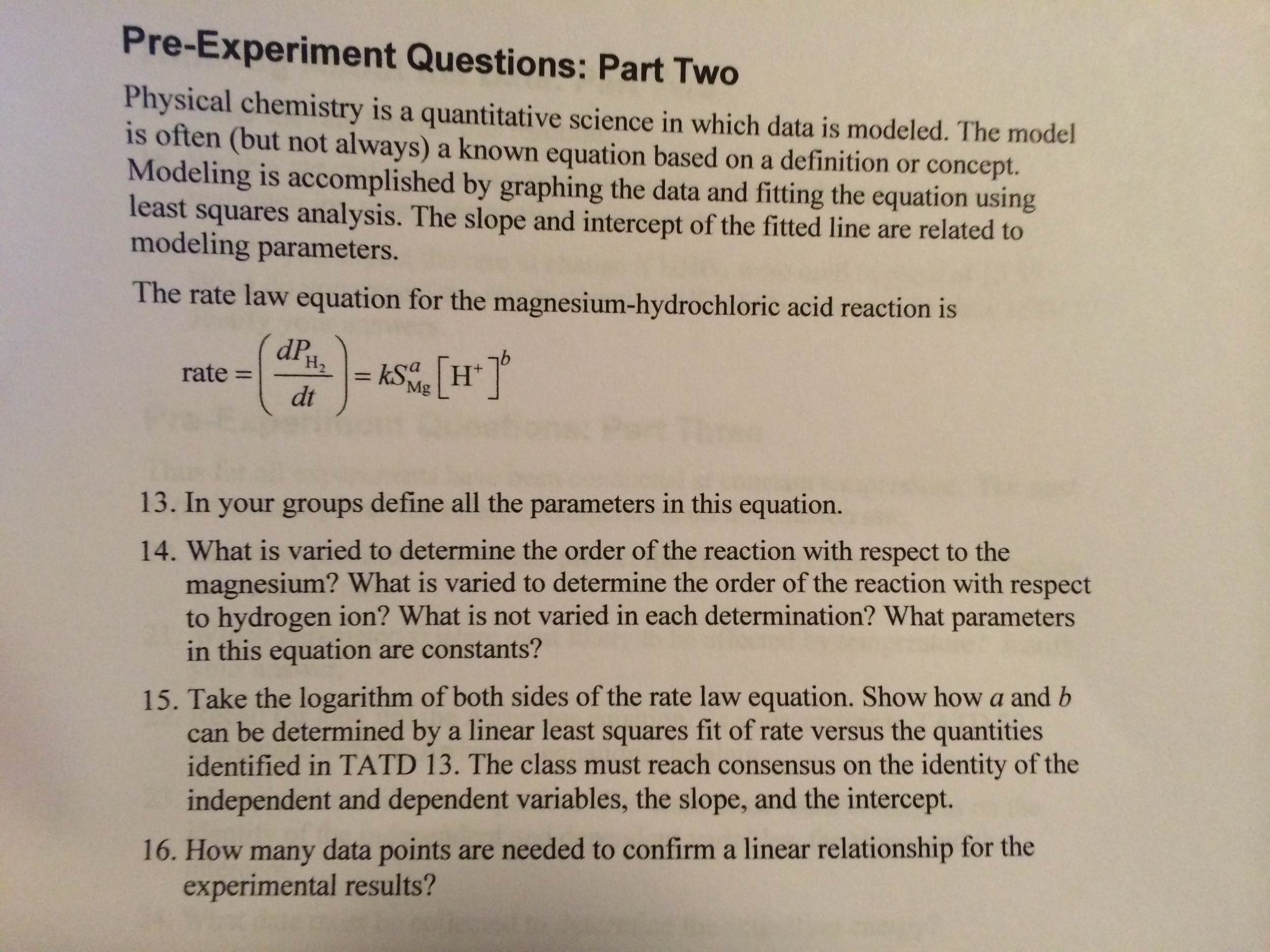 Pre -Experiment Questions: Part Two Physical | Chegg.com