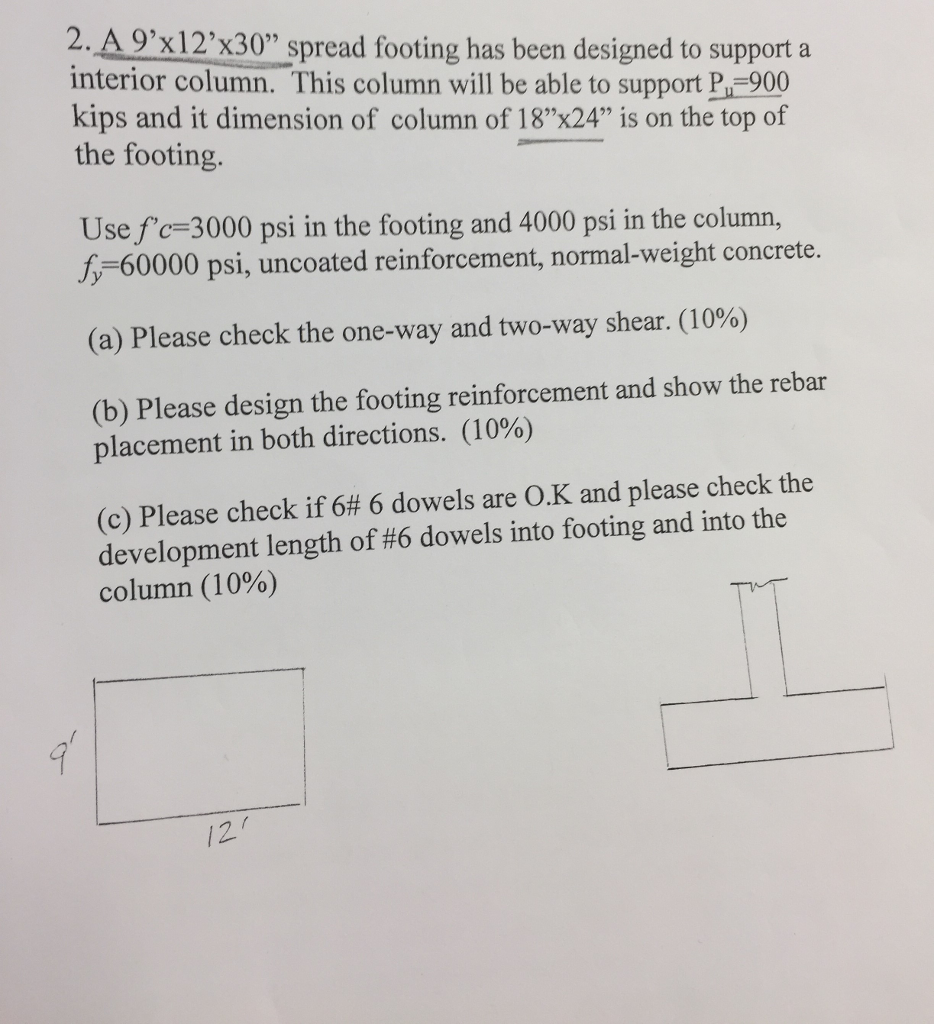 Solved A 9 Times 12 Times 30 Spread Footing Has Been Chegg