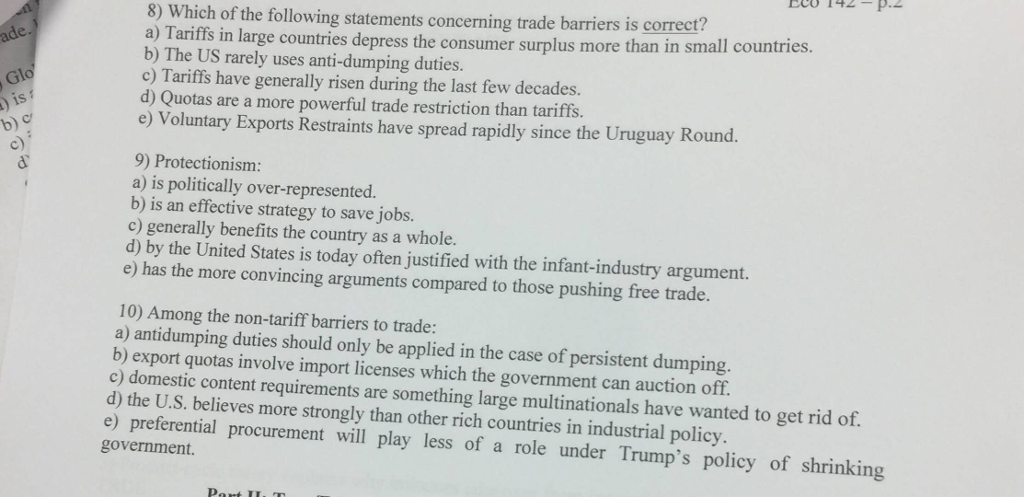 Solved 8) Which of the following statements concerning trade | Chegg.com