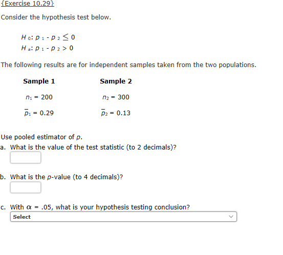 Solved Exercise 10.29t Consider the hypothesis test below. | Chegg.com