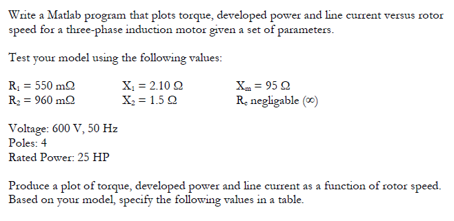 Solved Write a Matlab program that plots torque, developed | Chegg.com