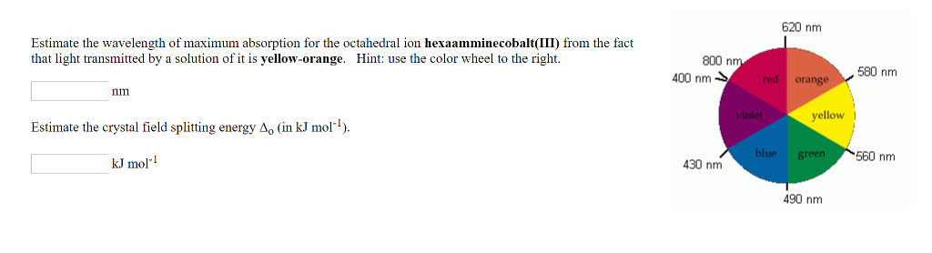 Solved 620 nm Estimate the wavelength of maximum absorption | Chegg.com