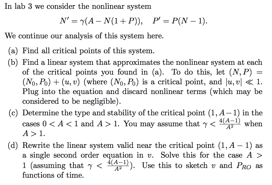 Solved In lab 3 we consider the nonlinear system N 0 = ?(A ? | Chegg.com