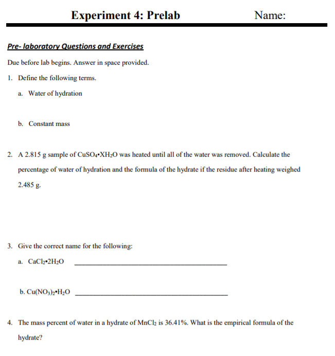 Solved Experiment 4: Prelab Name: Due before lab begins. | Chegg.com
