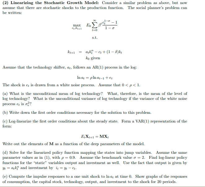 Solved 2 Linearizing The Stochastic Growth Model Consider
