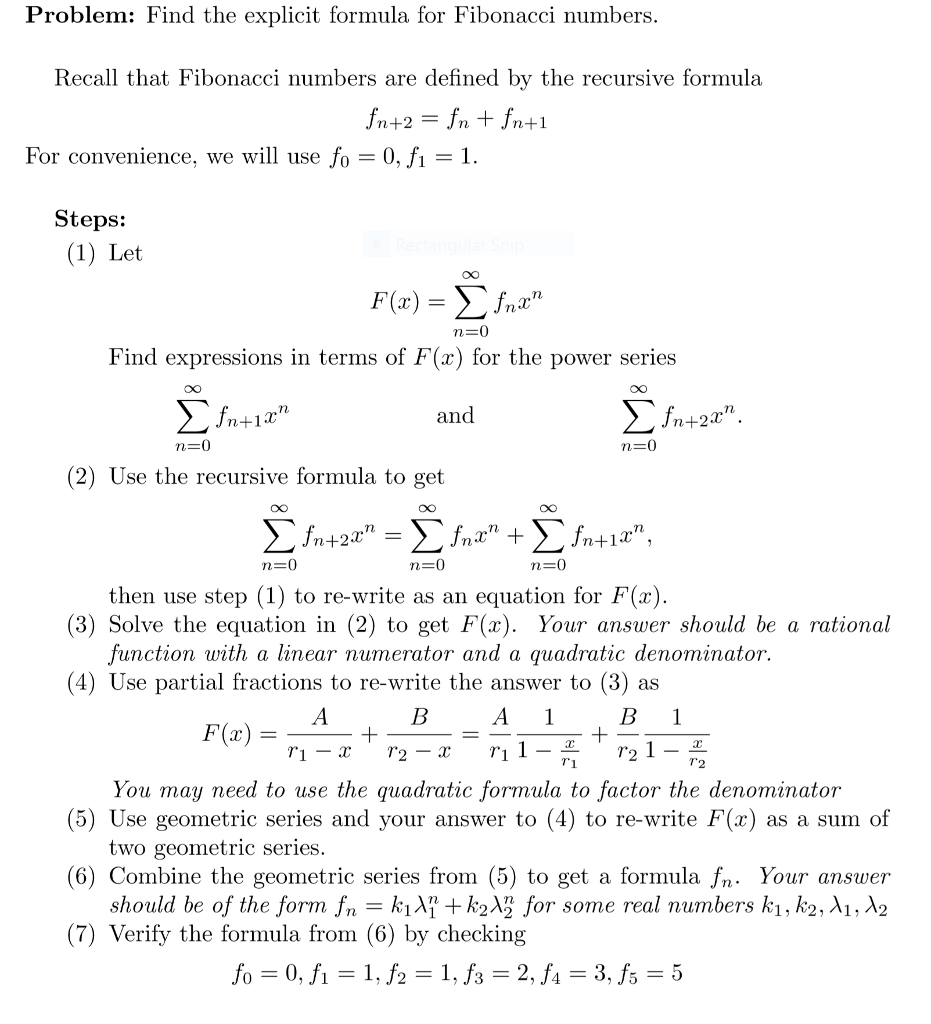Solved Problem: Find the explicit formula for Fibonacci | Chegg.com