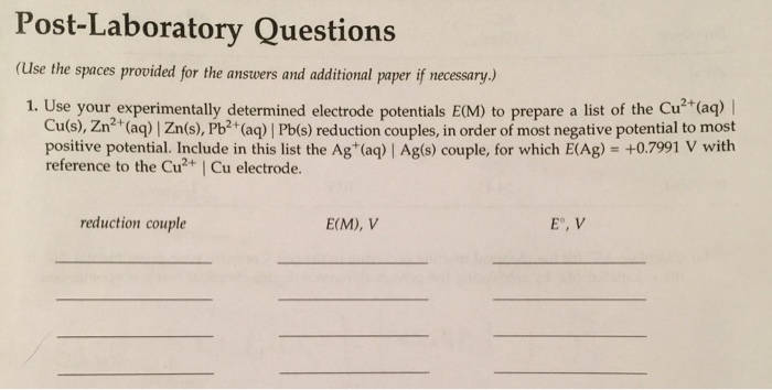 Post Laboratory Questions Use The Spaces Provided
