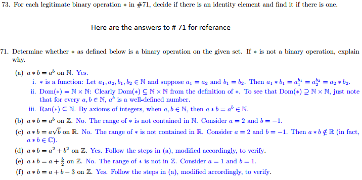 Solved For each legitimate binary operation * in #71, decide | Chegg.com