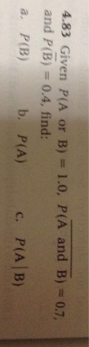 Solved Given P(A or B) = 1.0, P(A and B) = 0.7, and P(B) = | Chegg.com