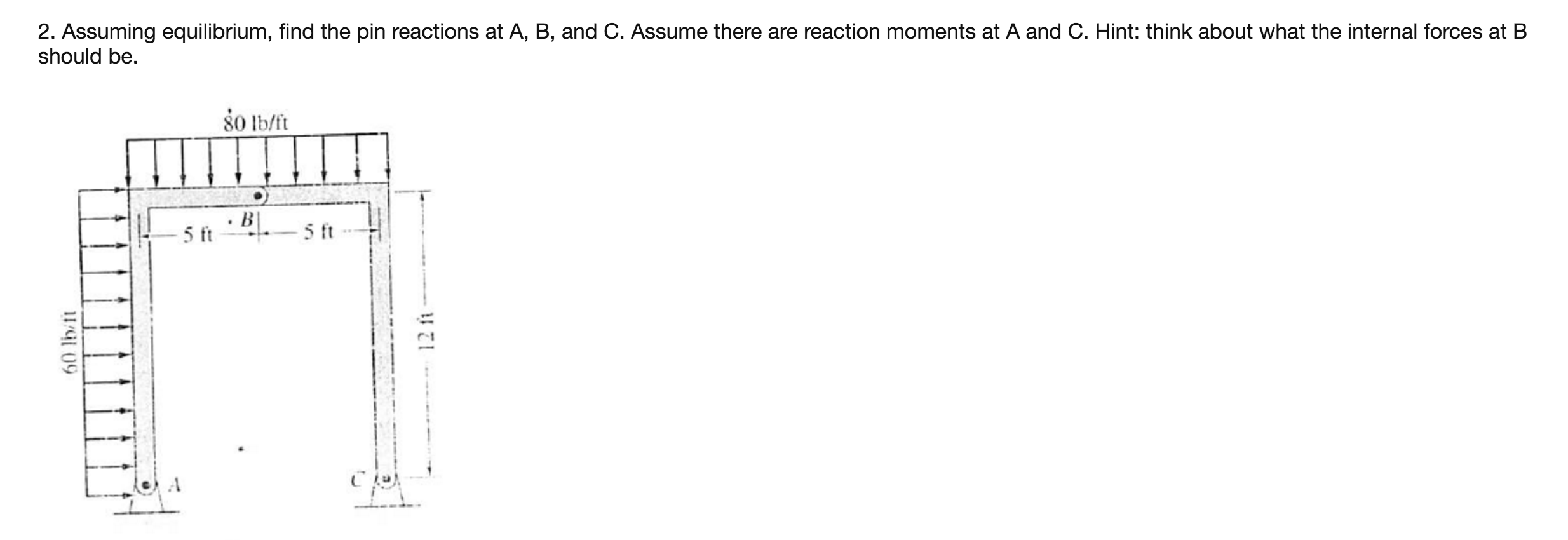 Assuming equilibrium, find the pin reactions at A, B, | Chegg.com