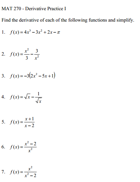 Solved MAT 270 - Derivative Practice IFind the derivative of | Chegg.com