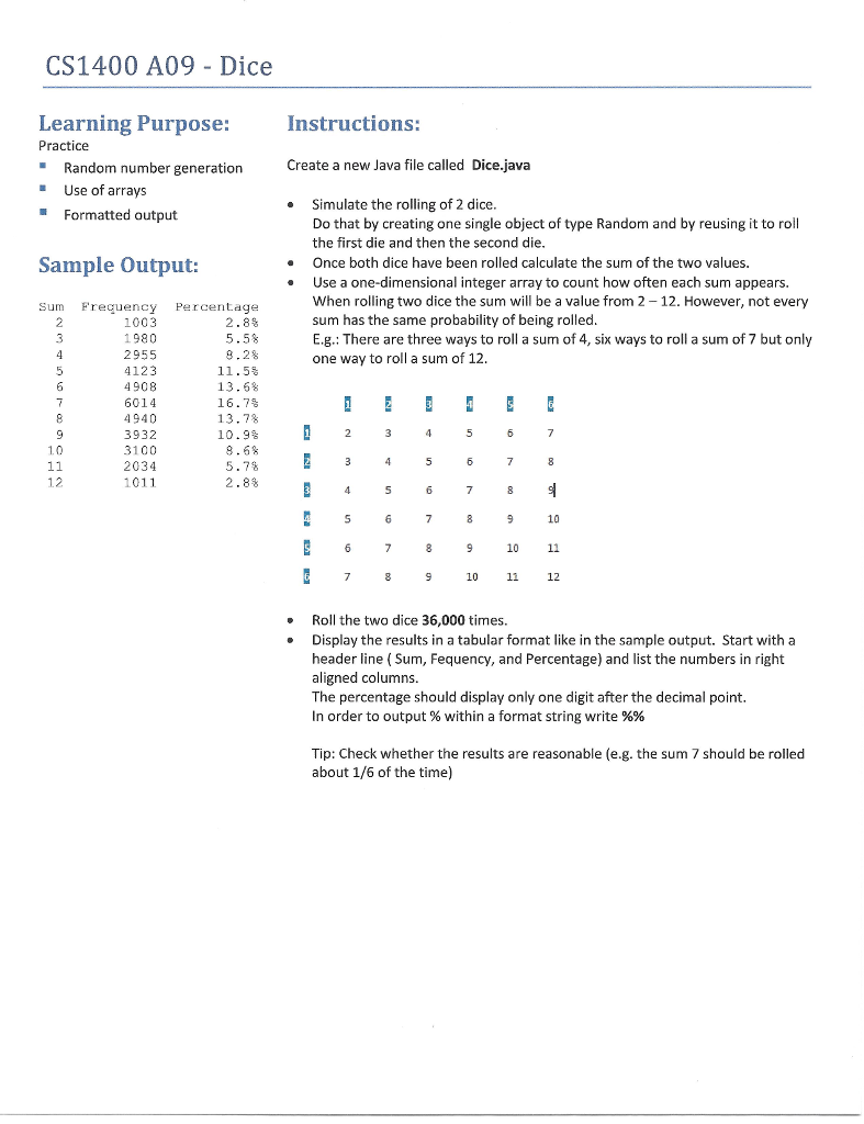 Solved CS1400 A09 - Dice Instructions: Learning Purpose: | Chegg.com