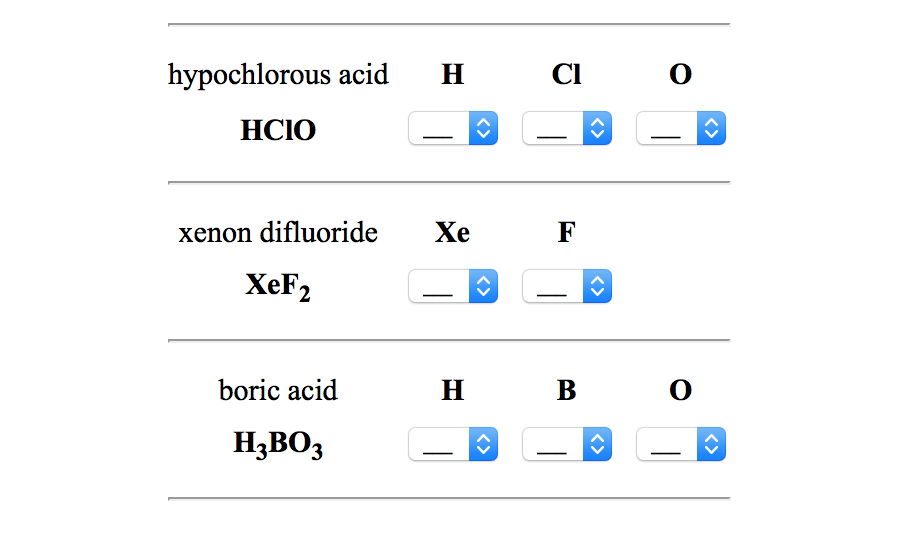 Solved hypochlorous acid H HCIO xenon difluoride Xe XeF2 | Chegg.com
