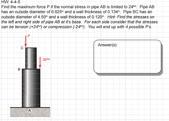 Solved Find the maximum force P if the normal stress in pipe | Chegg.com