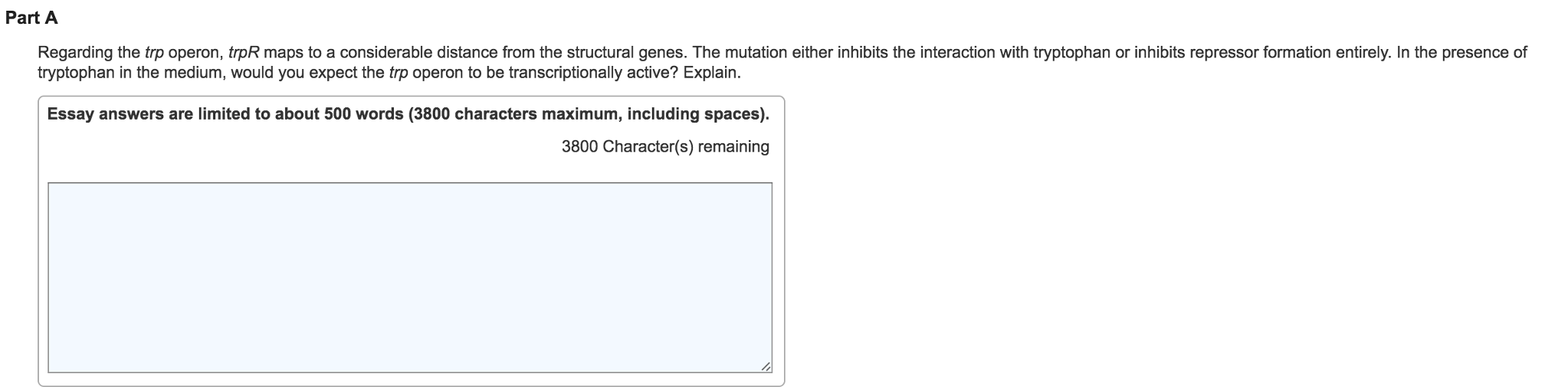 Solved Part A Regarding the trp operon, trpR maps to a | Chegg.com