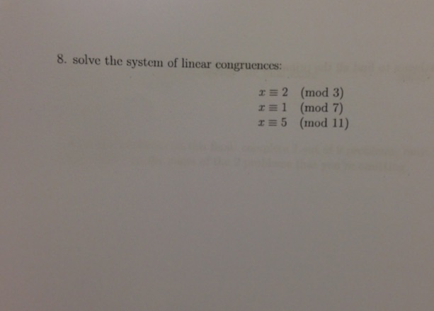 Solved Solve the system of linear congruences: x 2 (mod 3) | Chegg.com