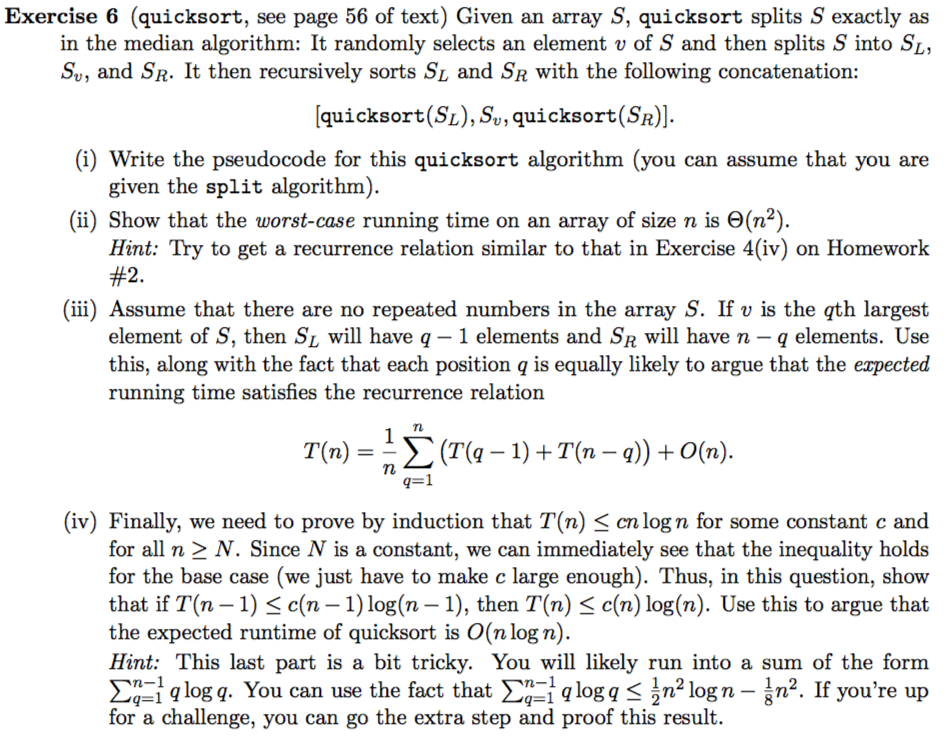 Exercise 6 (quicksort, see page 56 of text) Given an | Chegg.com