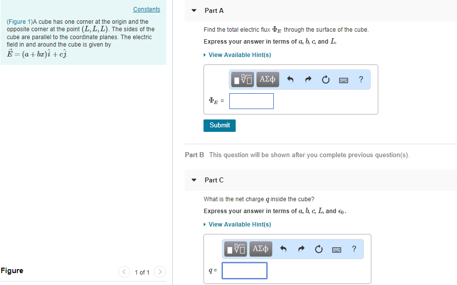 Solved Constants Parta Figure 1 A Cube Has One Corner At