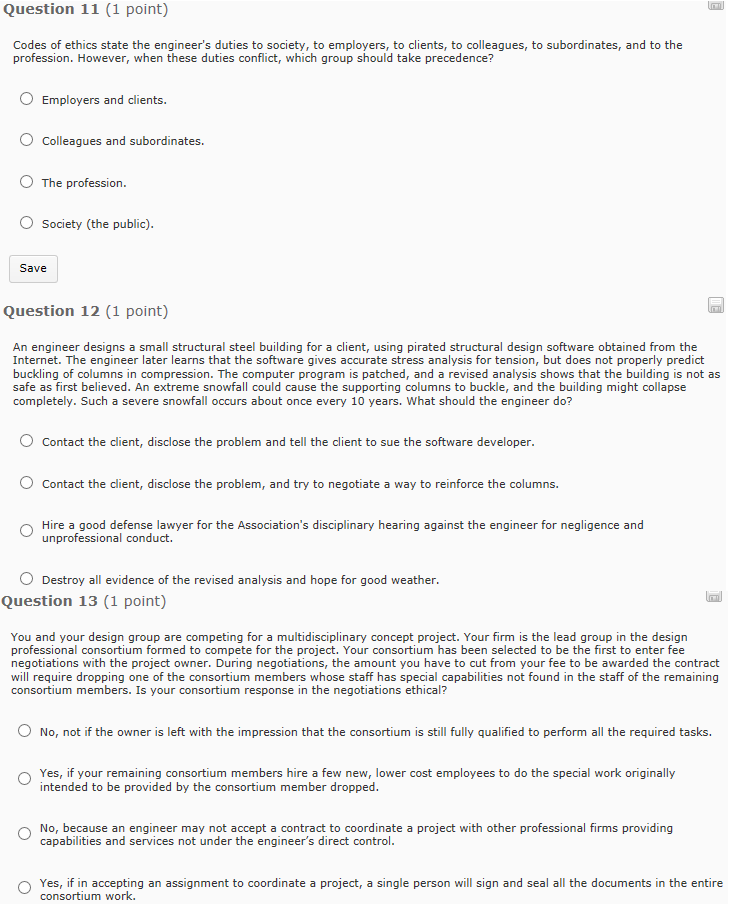 Solved Question 11 (1 point) Codes of ethics state the | Chegg.com