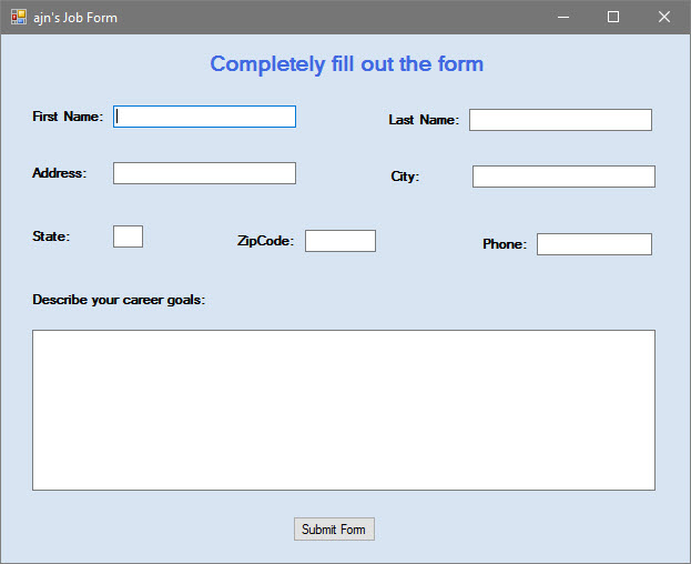 Solved VISUAL BASIC Create a job application form. | Chegg.com