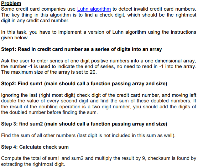 Solved Problem Some credit card companies use Luhn alaorithm | Chegg.com